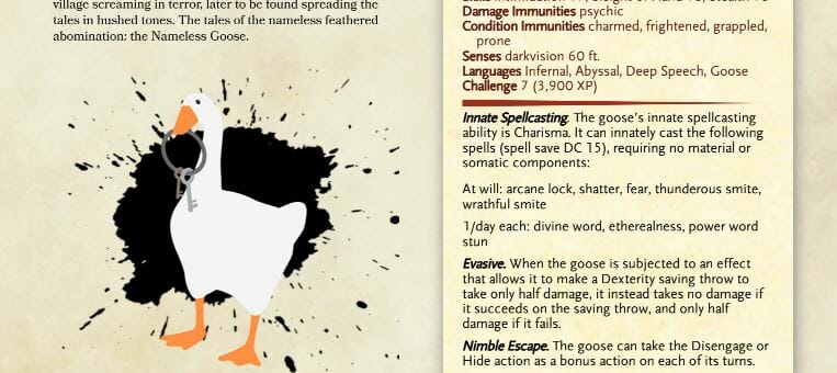 The Nameless Goose from the Untitled Goose Game gets a D&D stat block